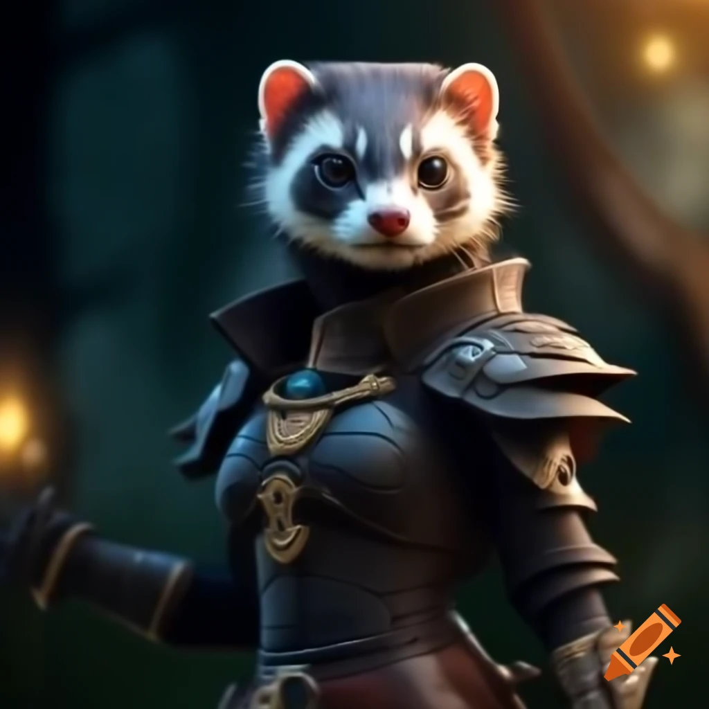 Athletic female ferret humanoid rogue in black leather armor, shrouded ...