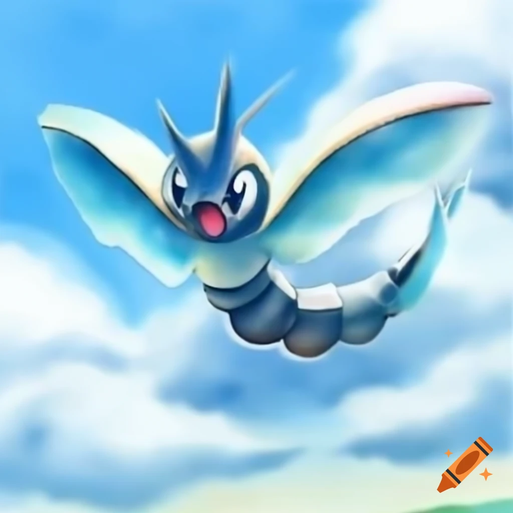 Iridescent worm with cyan wings and sharp teeth soaring in the sky ...