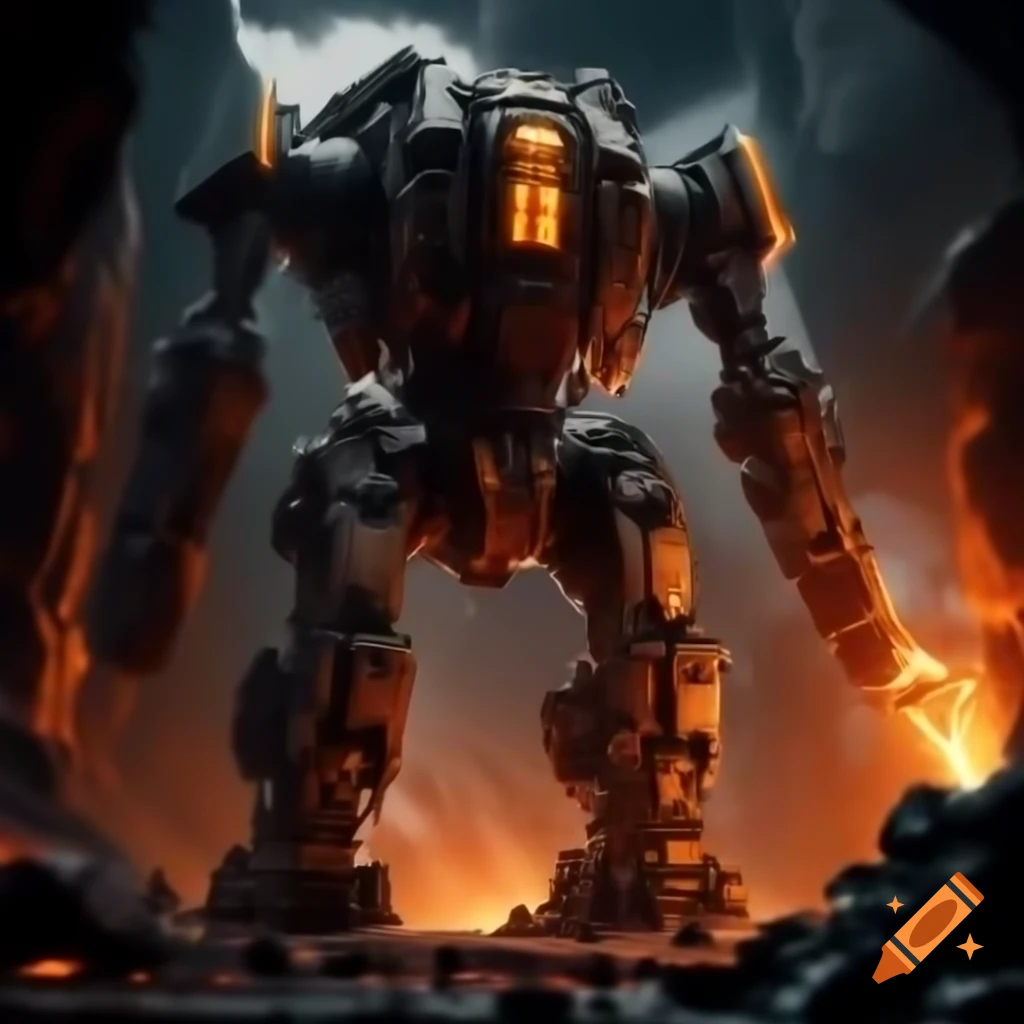 Heavy armored mining robot with volcanic industrial design and glowing ...