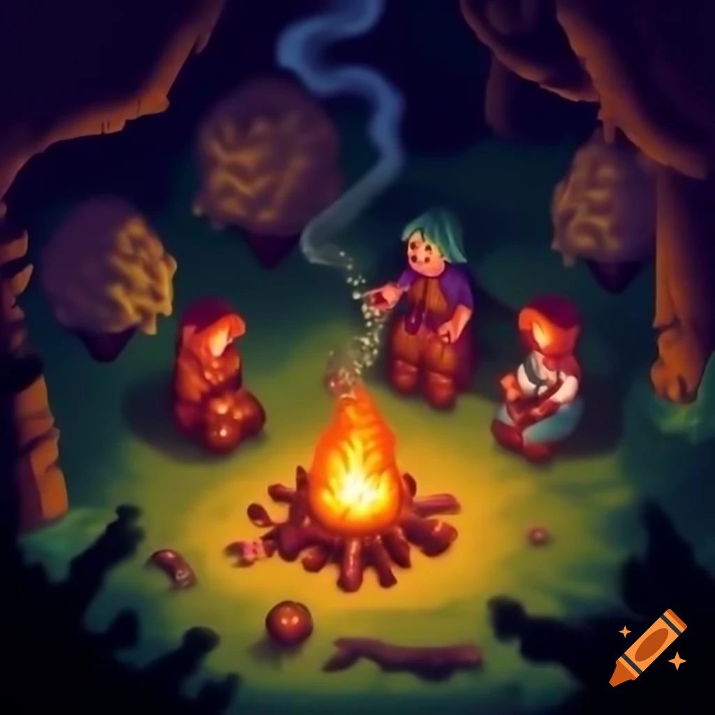 Mystical campfire in 16-bit pixel art forest with figures in peaceful ...