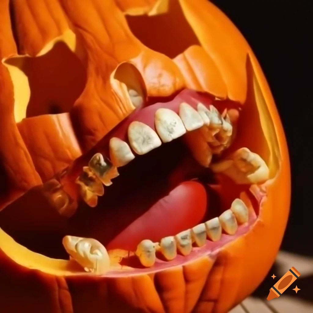 Gold teeth embedded in a pumpkin on Craiyon