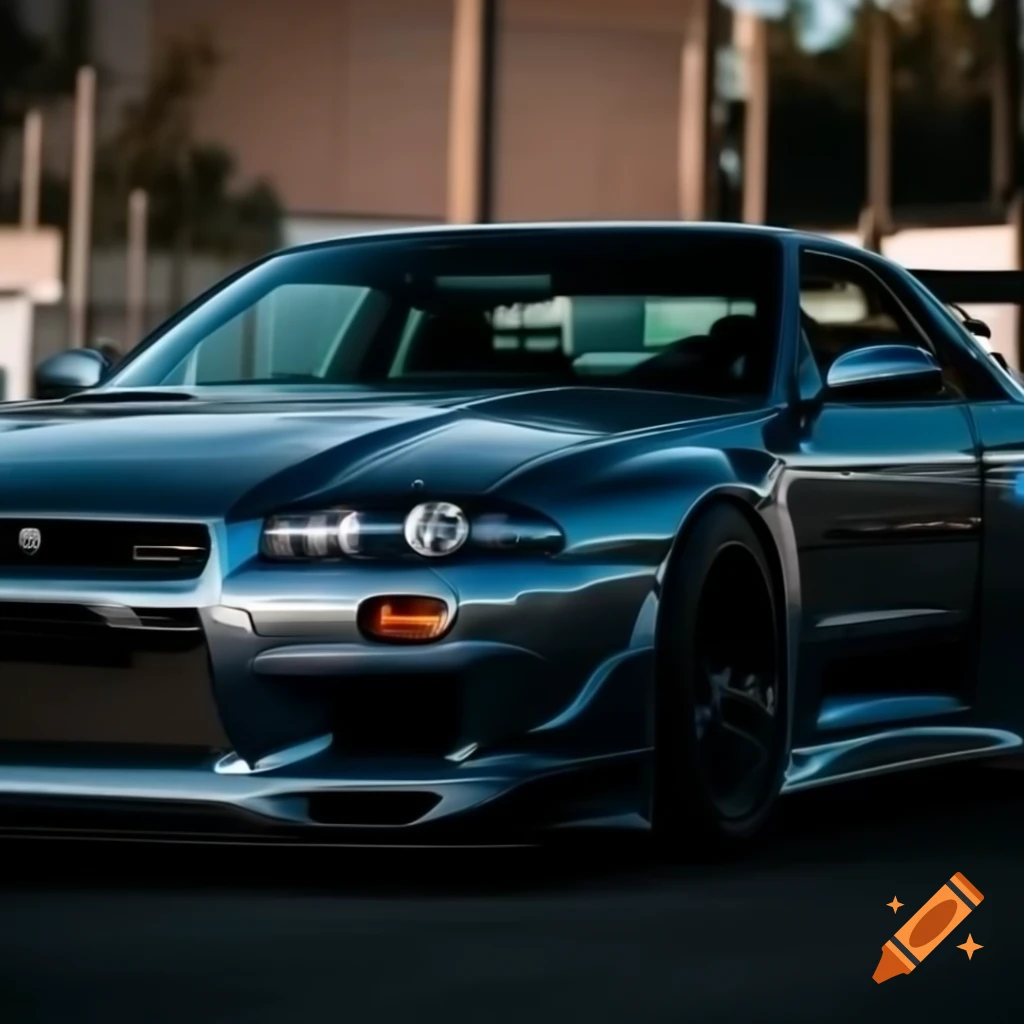 Close-up of Nissan GT-R R34 shining in sunlight, highlighting its ...