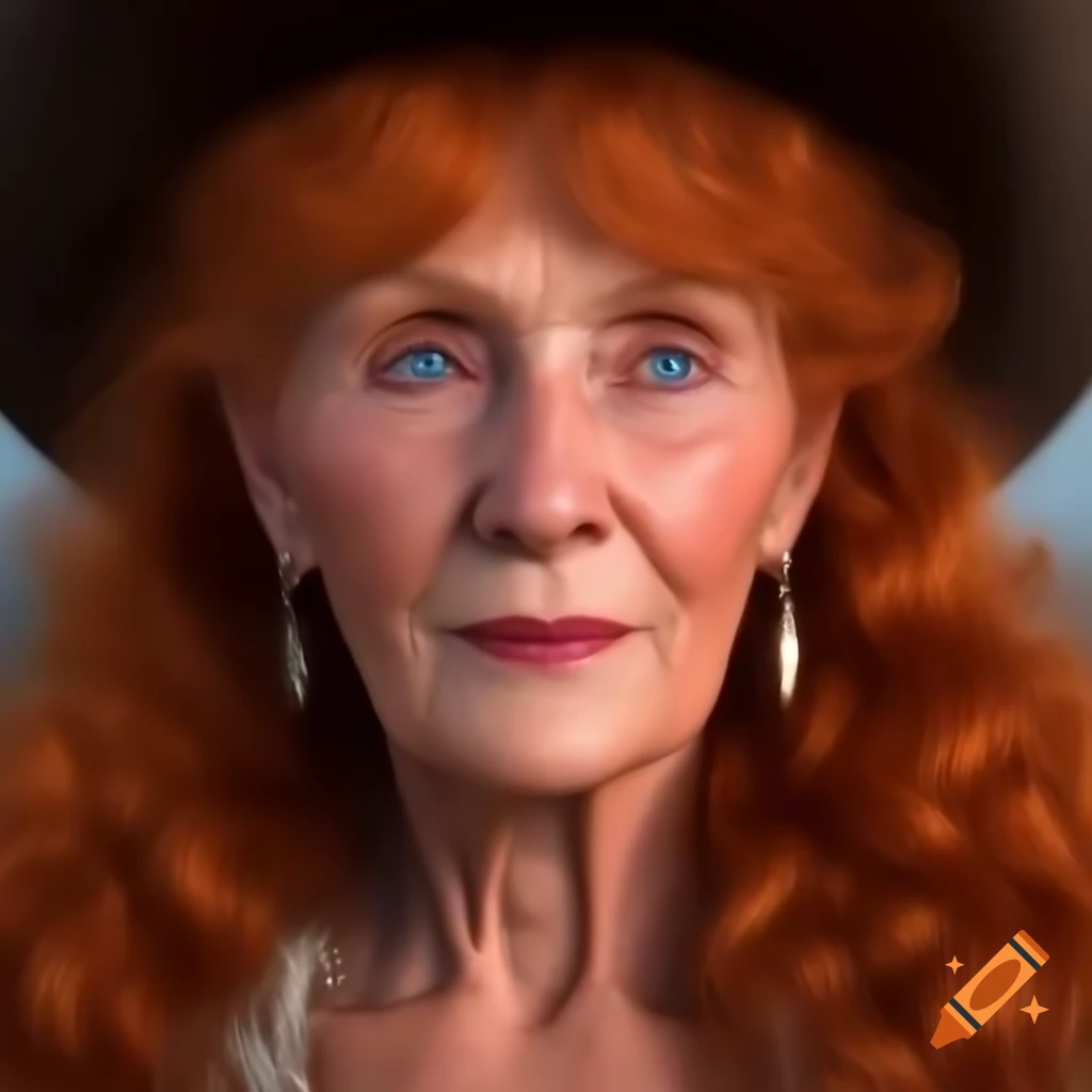 Photorealistic portrait of happy older woman with auburn curly hair and old west dress on Craiyon