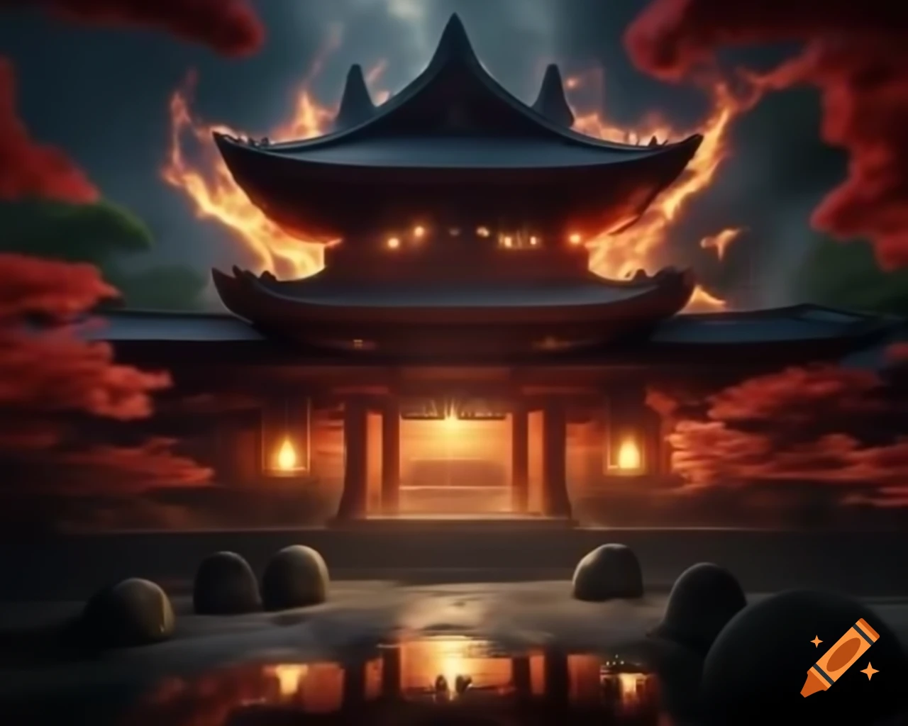 Japanese styled palace in the elemental plane of fire on Craiyon