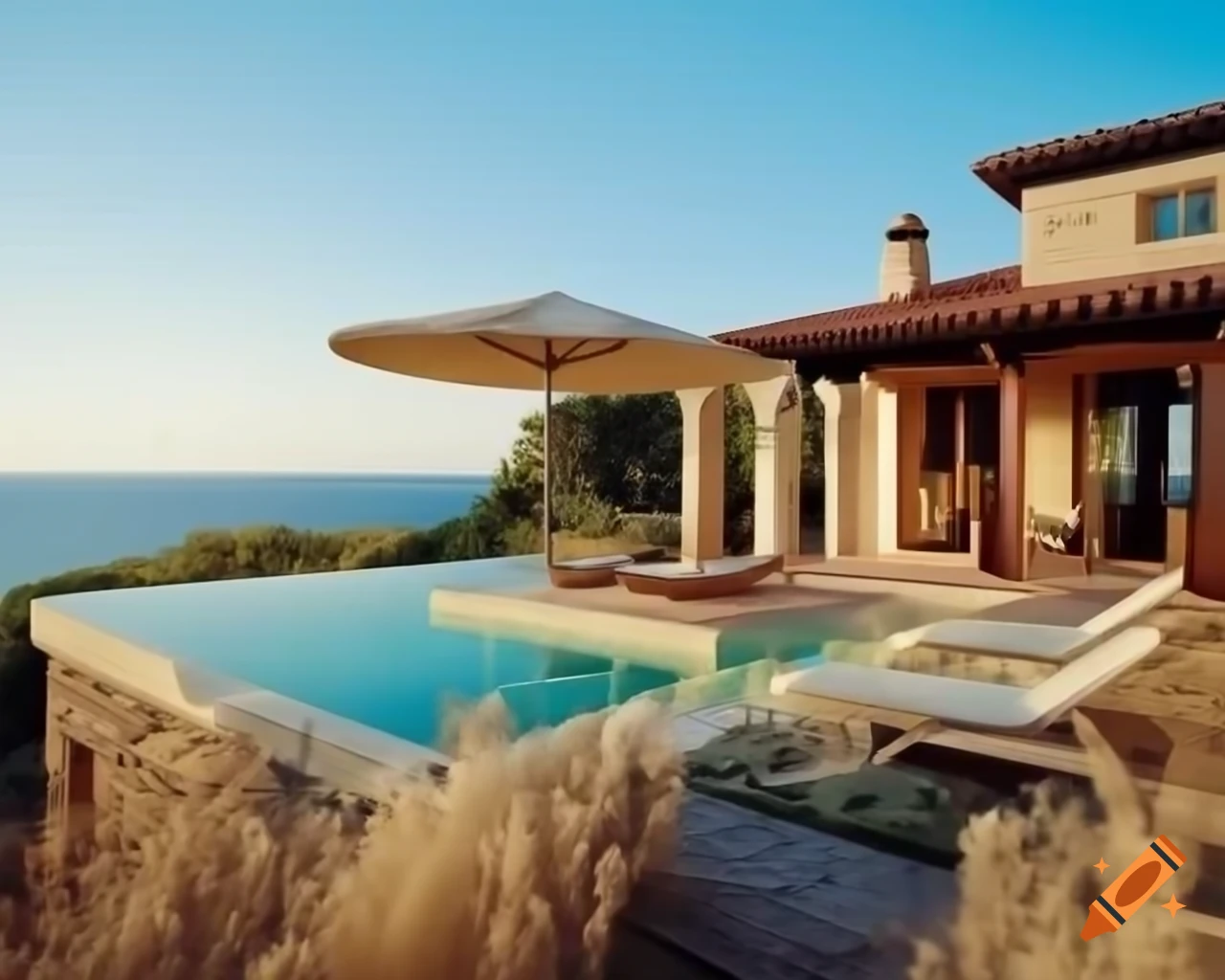 Luxurious Mediterranean-style villa by sparkling blue sea on Craiyon