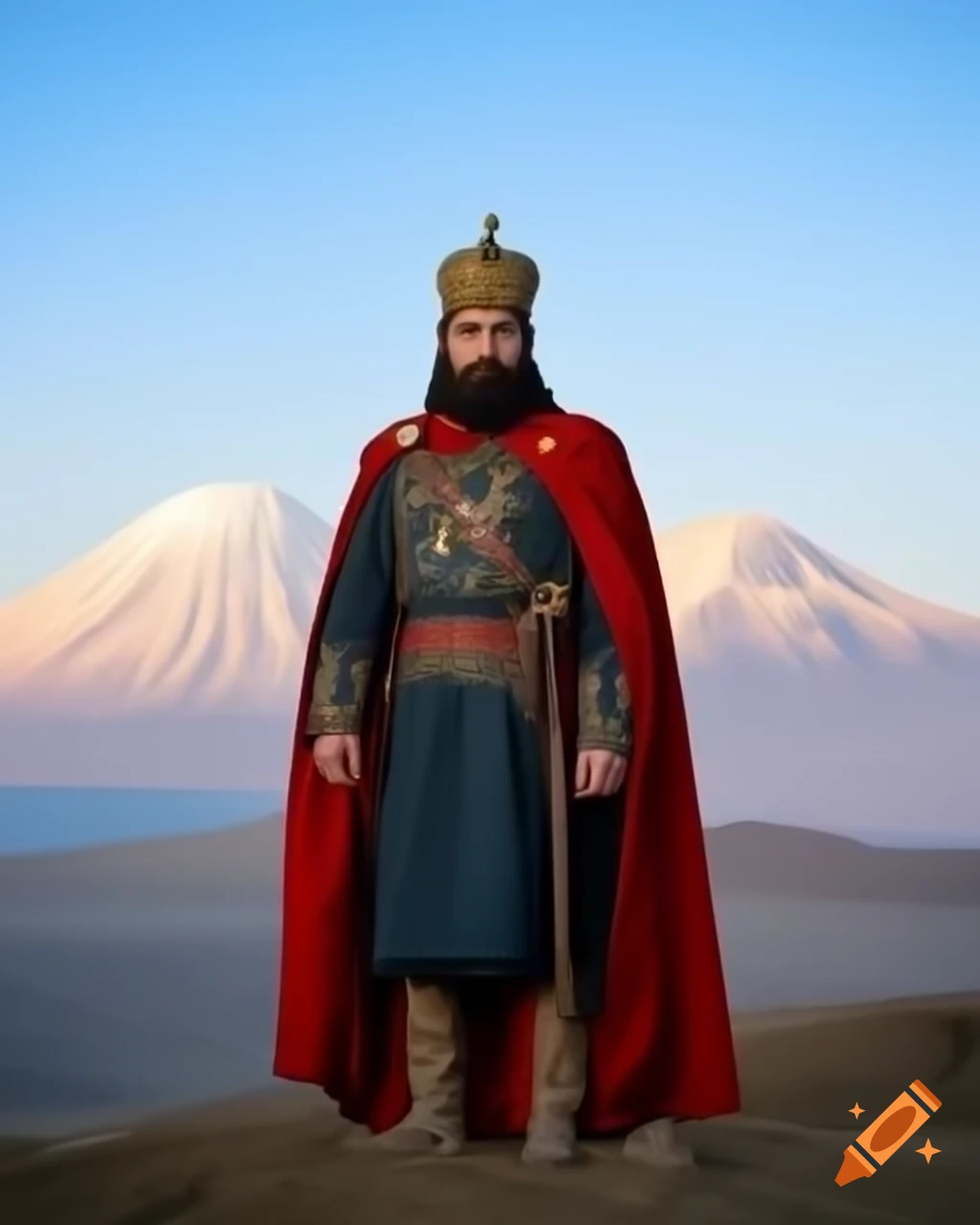 Majestic Armenian king standing on hill with Mount Ararat in the ...