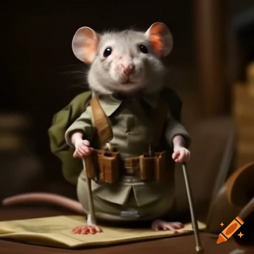 Small rat in military gear on crutch holding oversized letter on Craiyon