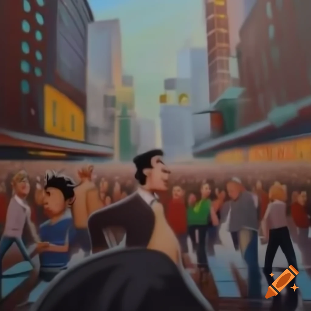 Animated crowded city street at rush hour with cartoon characters on ...