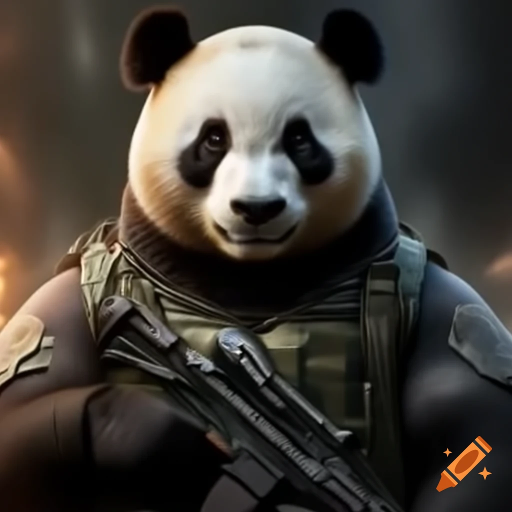 Panda dressed in army suit holding an AK, whimsical style on Craiyon