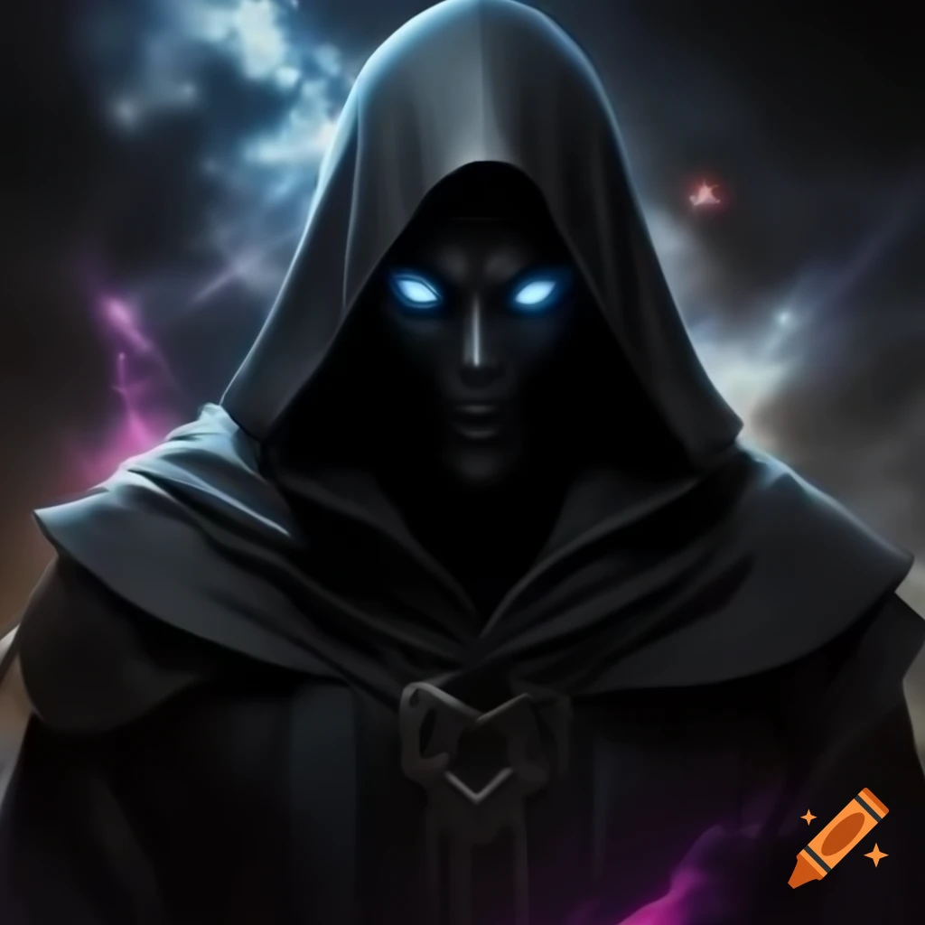 Mysterious figure with void skin and cosmic eyes in black hood and ...