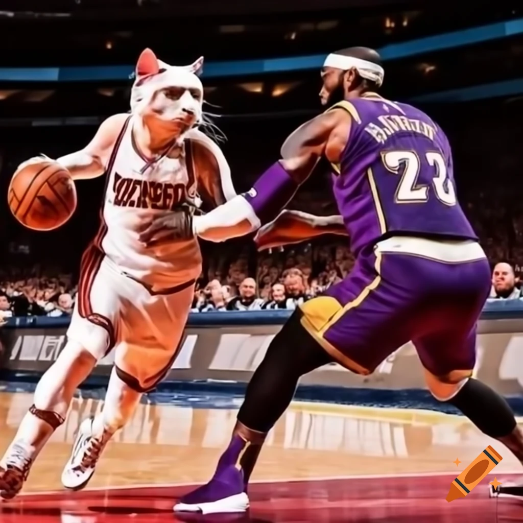 Lebron james being playfully chased by cats on Craiyon