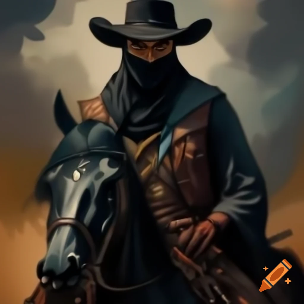 Muslim cowboy in tuareg vests on black horse over seven lakes ...