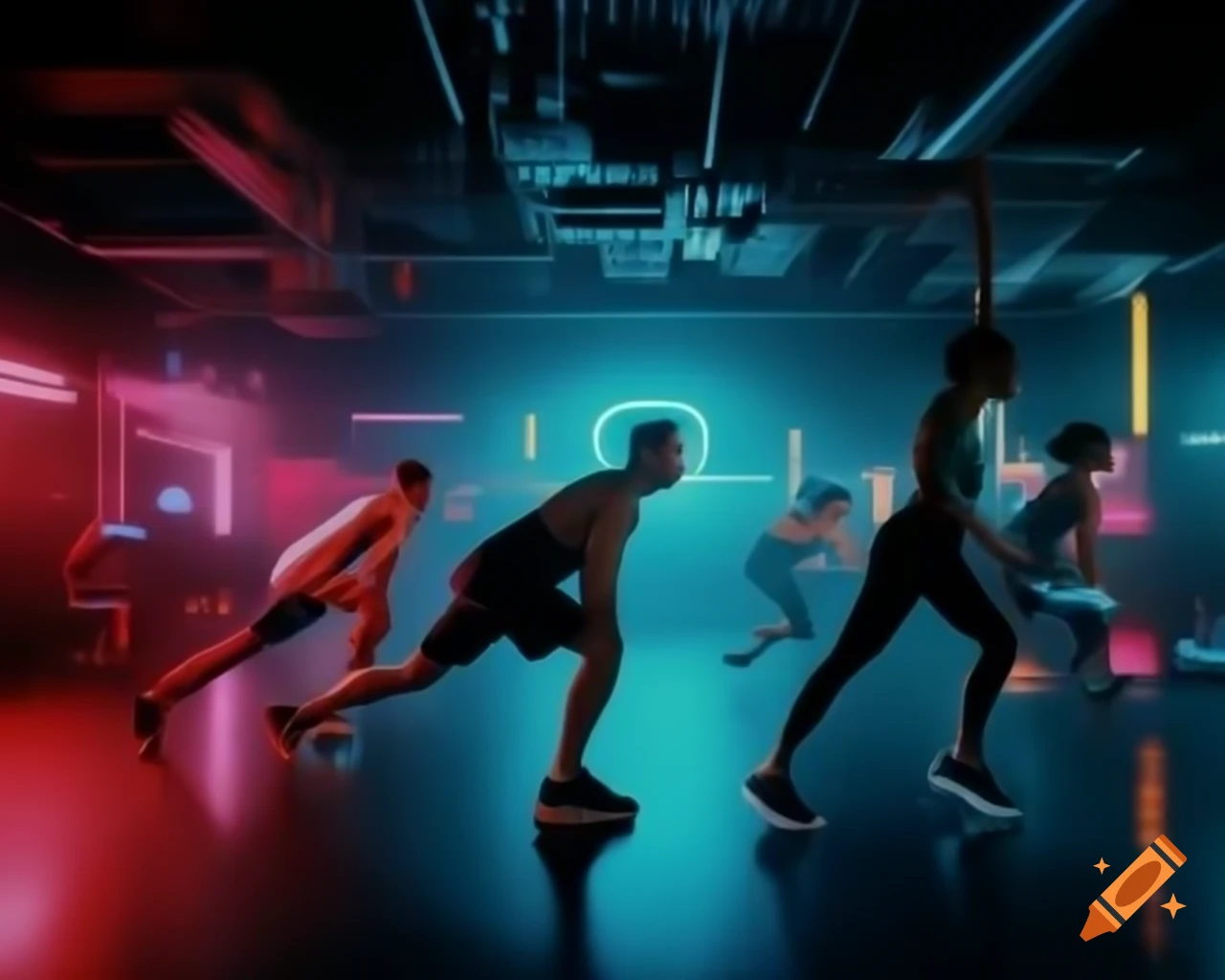 High-energy gym scene with vibrant neon lighting and sweat-drenched ...
