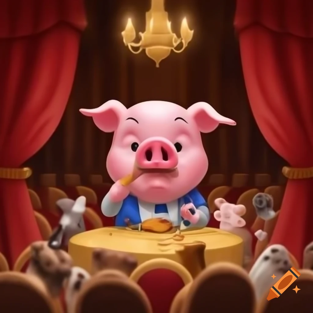 Cartoon of a chubby pig eating a bun in a grand hall with dog audience ...