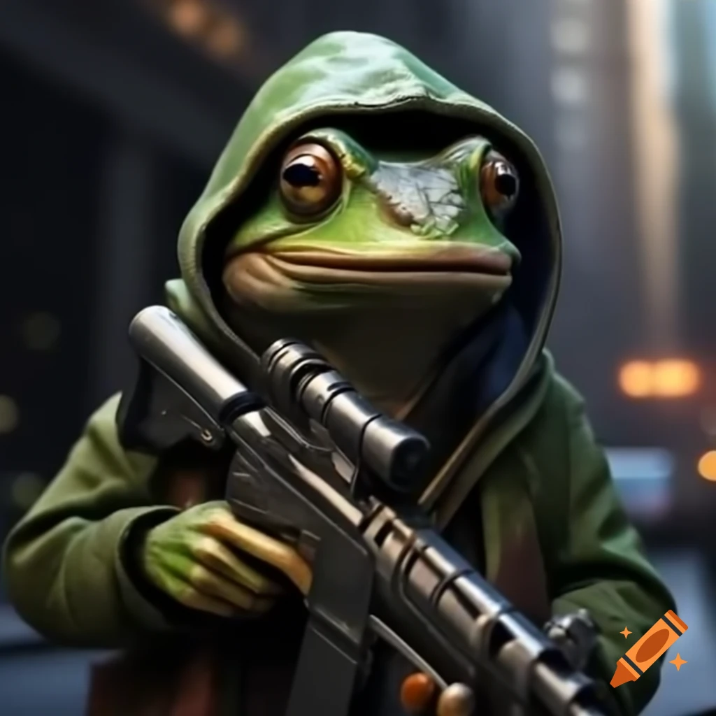 Realistic frog in hood and gun on New York City street on Craiyon