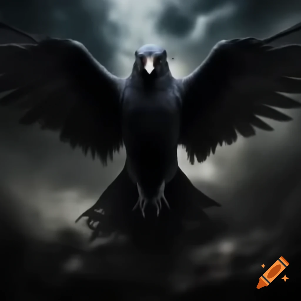 Mysterious raven with outstretched wings, resembling a magical woman on ...