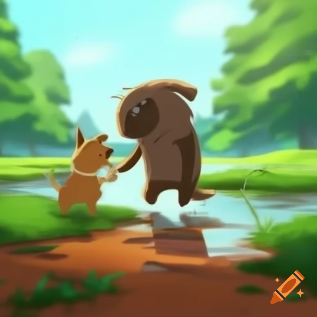 Scruffy dog holding a large bone on a dirt path on Craiyon