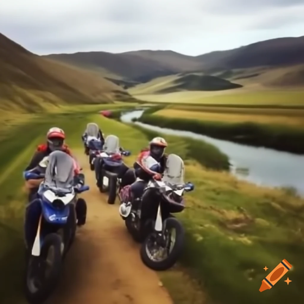 Motorcyclists riding adventure motorcycles on a trail with canal and ...