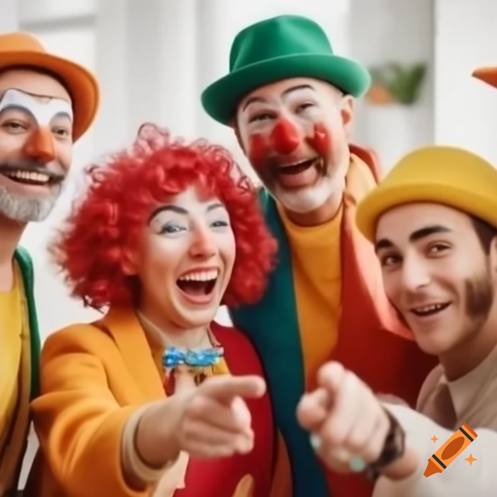 Group of clowns pointing and laughing from a point of view perspective ...