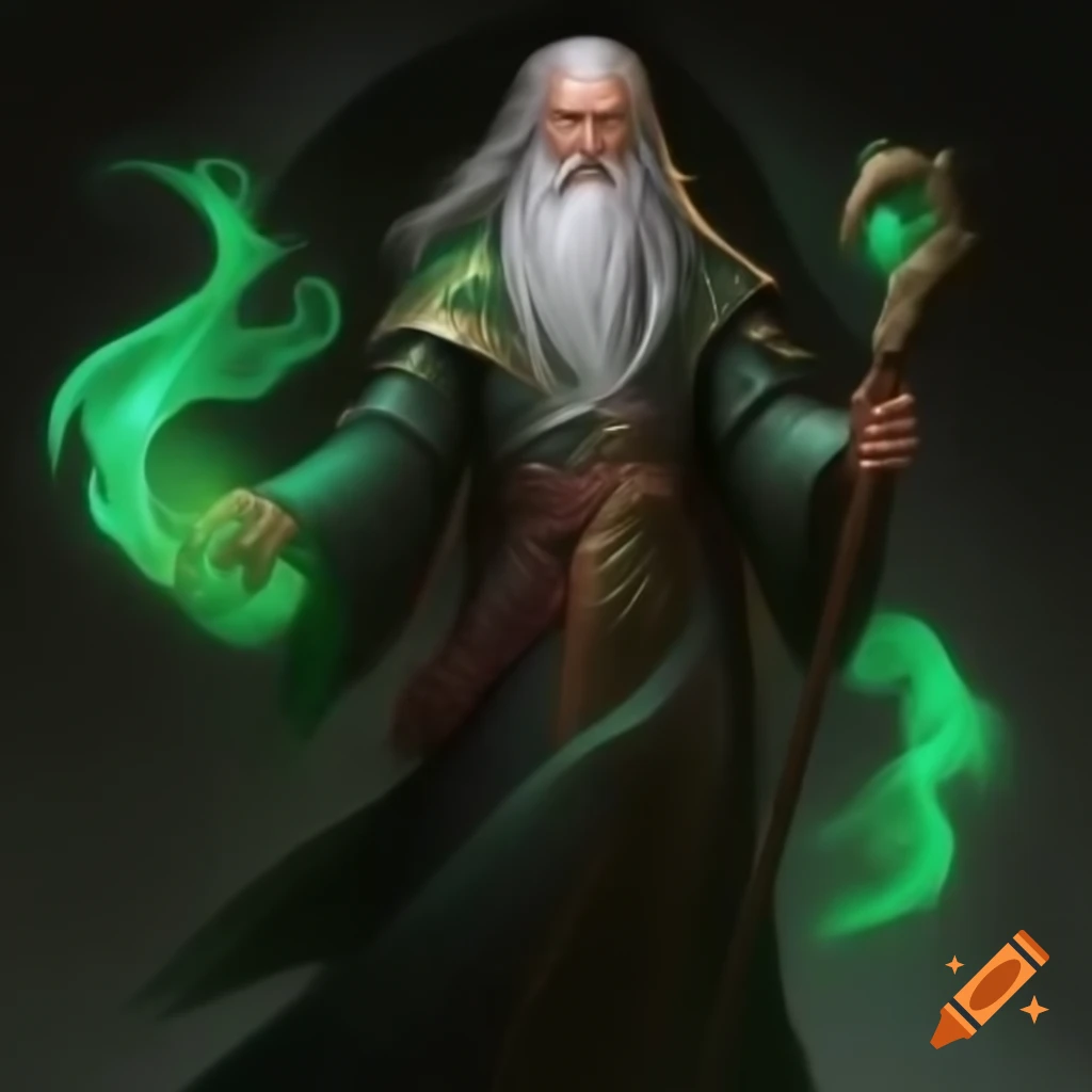 Powerful wizard in green robe with glowing rune staff and determined ...