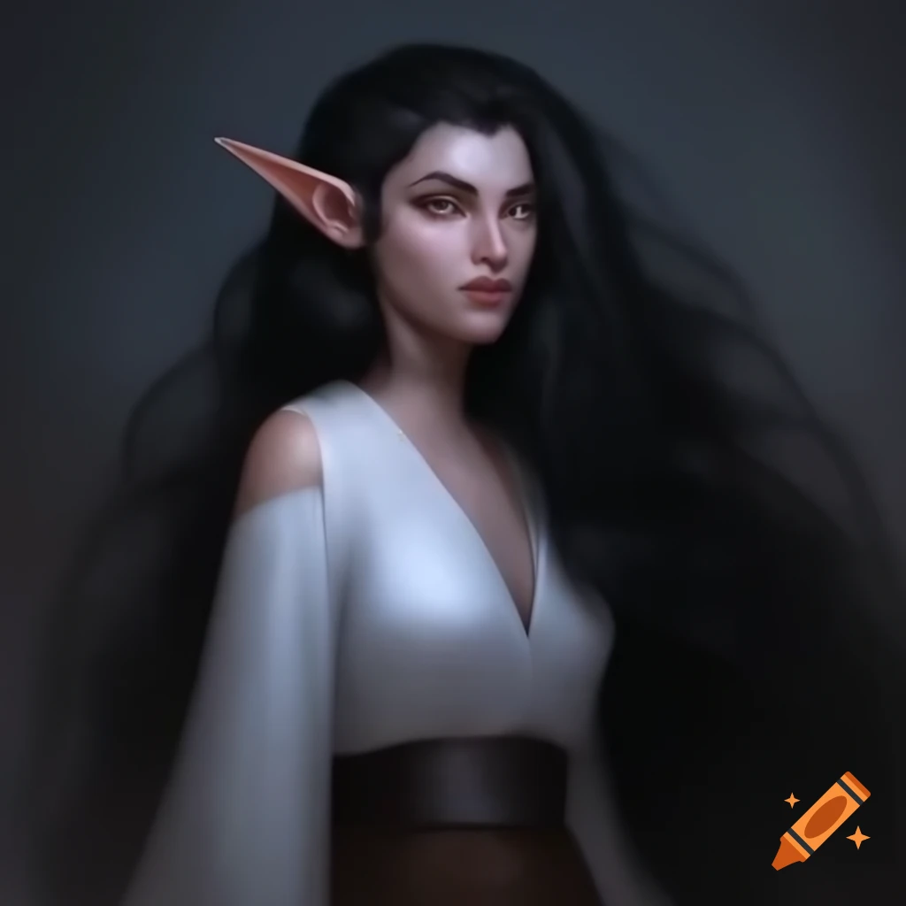 Ethereal elven woman in white blouse and pencil skirt, captivating gaze on Craiyon