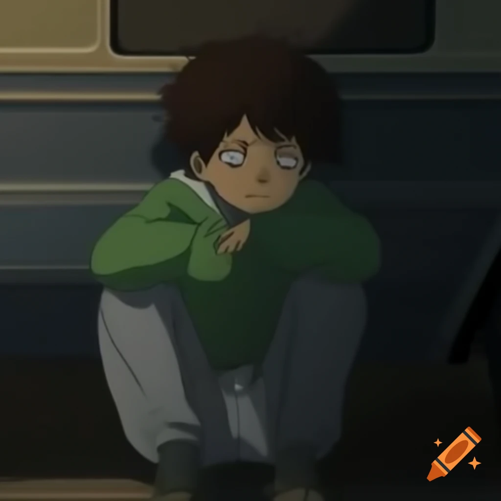 Exhausted young anime character sitting in dimly lit van on Craiyon