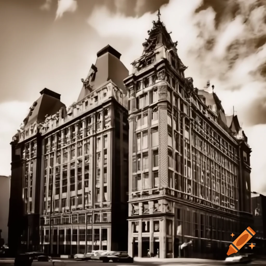 Vintage black and white architecture combining beaux-arts and second ...