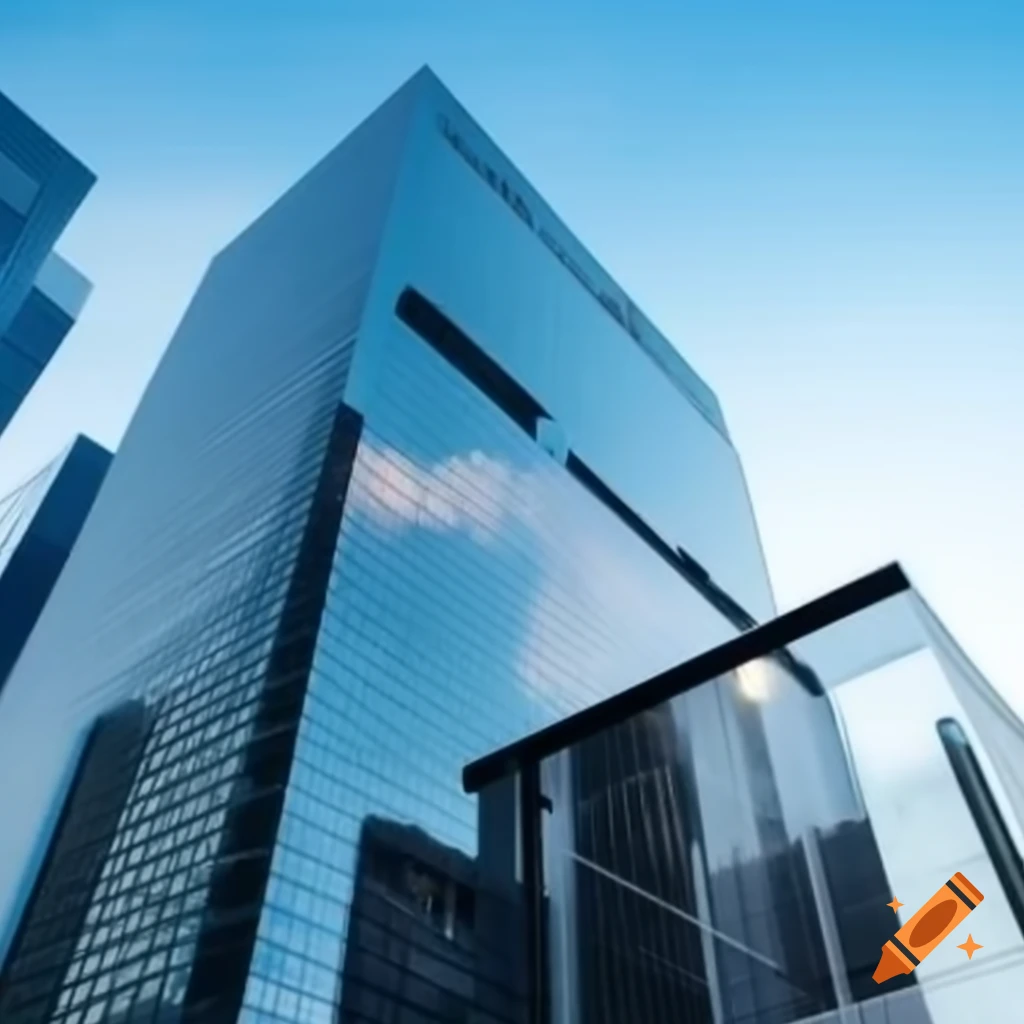 Modern glass building representing a web development company with a technology theme on Craiyon