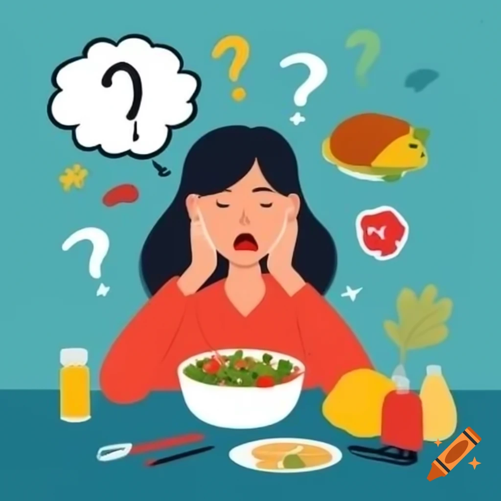 Person contemplating food choices surrounded by various dishes and ...