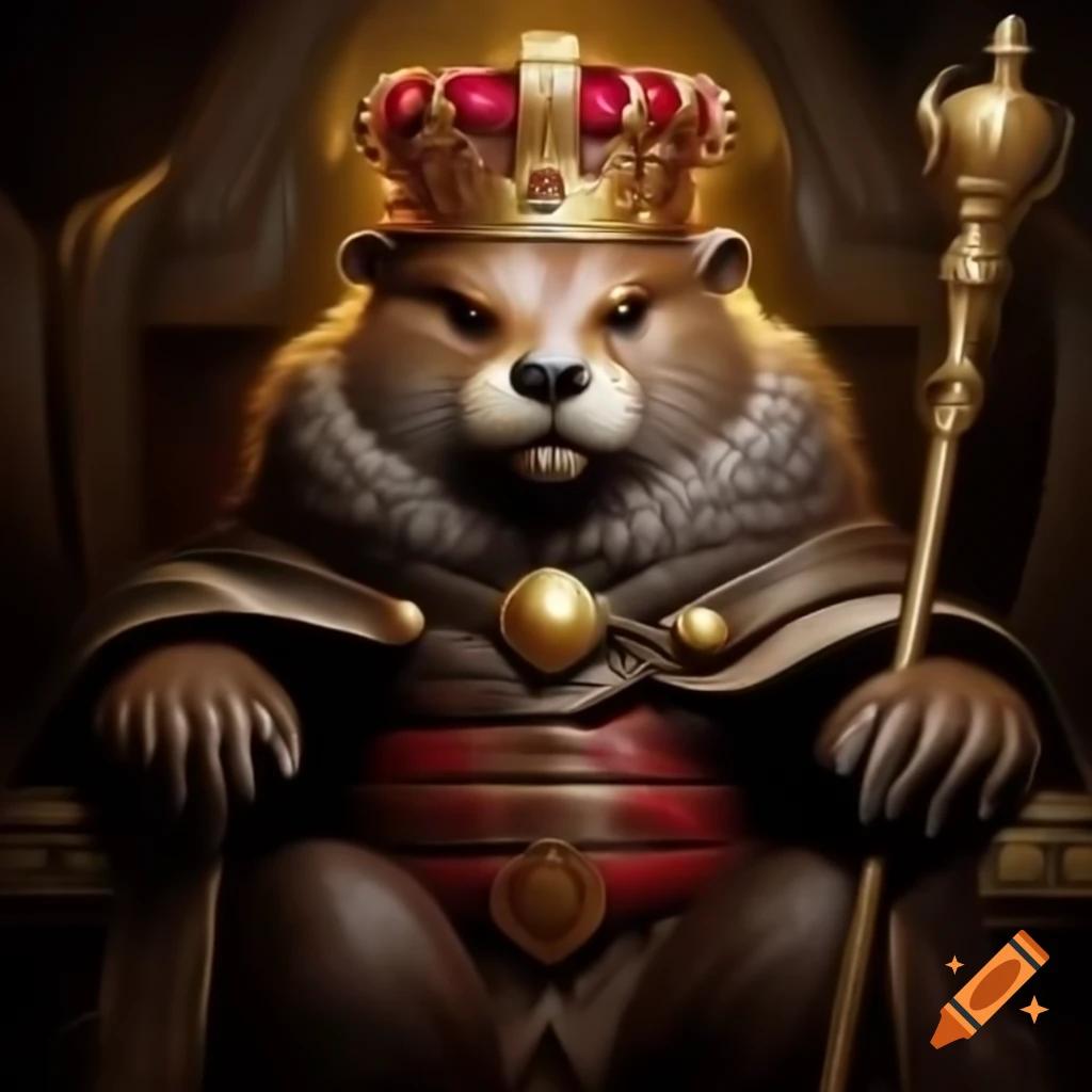 Regal beaver with golden crown on jeweled throne holding wizard staff ...