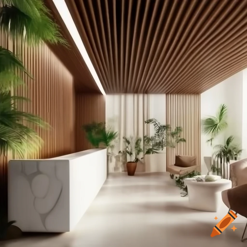 Interior design of a clinic featuring living walls, marble counter ...