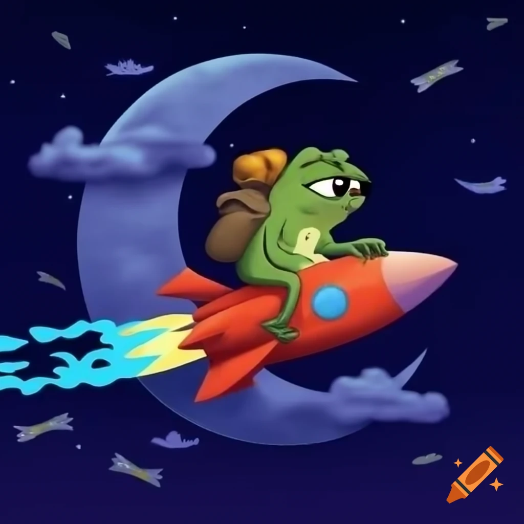 Pepe the frog riding a rocket to the moon with money trail on Craiyon
