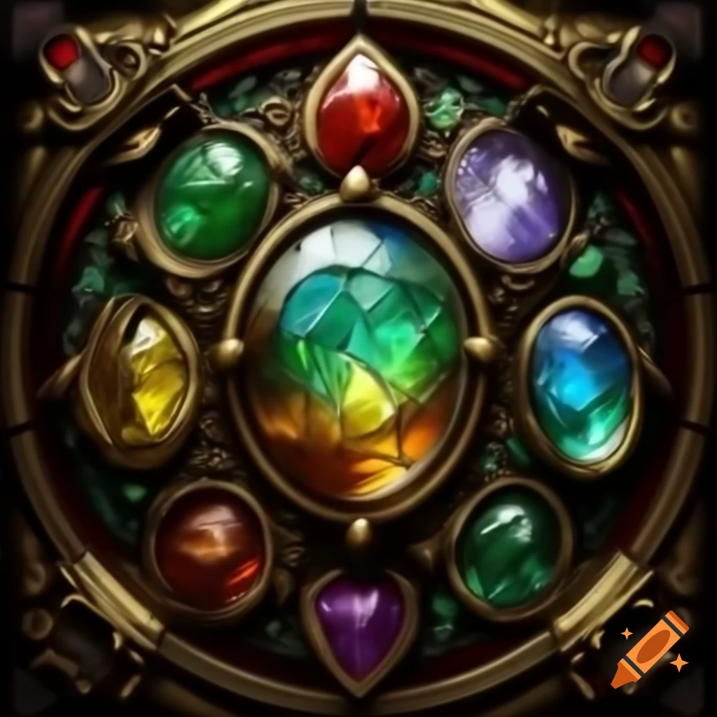 Steampunk stained glass gemstones radiating with gold slivers in rococo ...