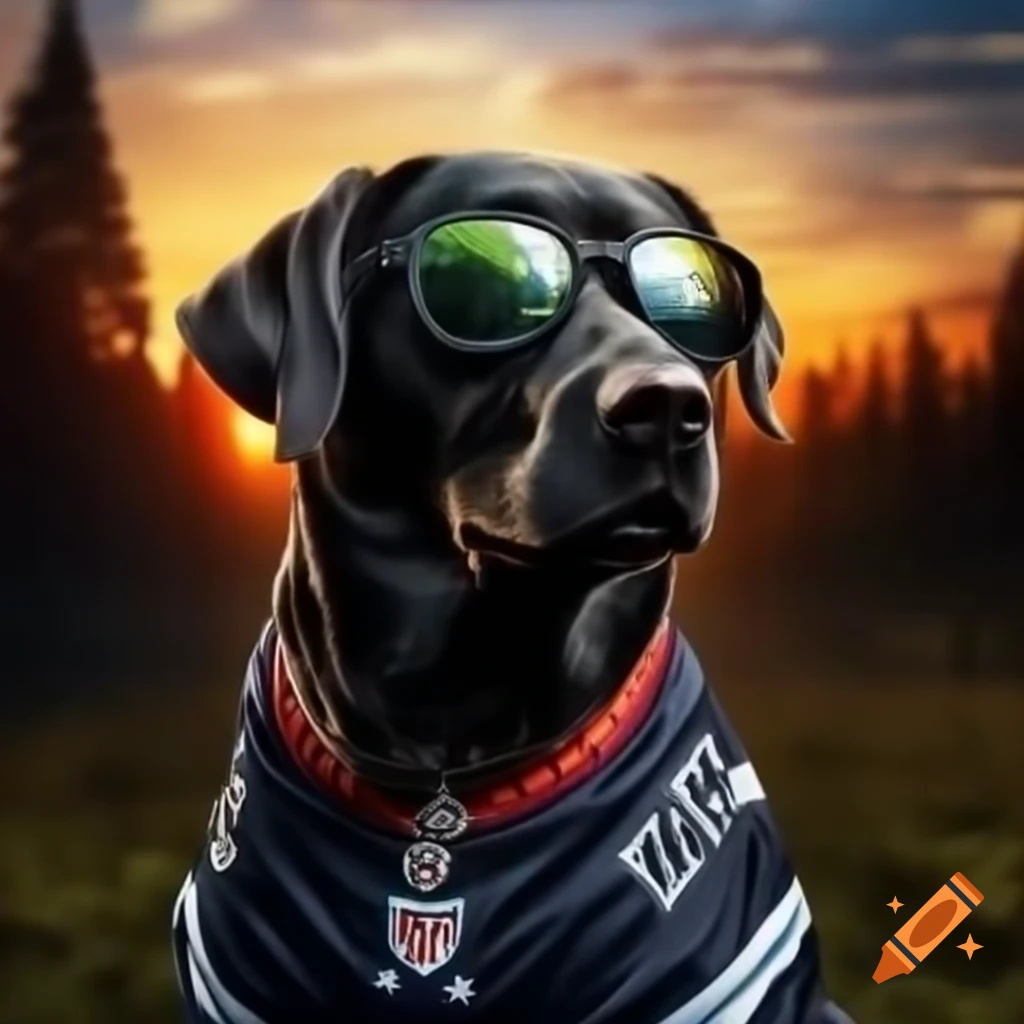Black labrador retriever wearing sunglasses and nfl jersey in nature ...