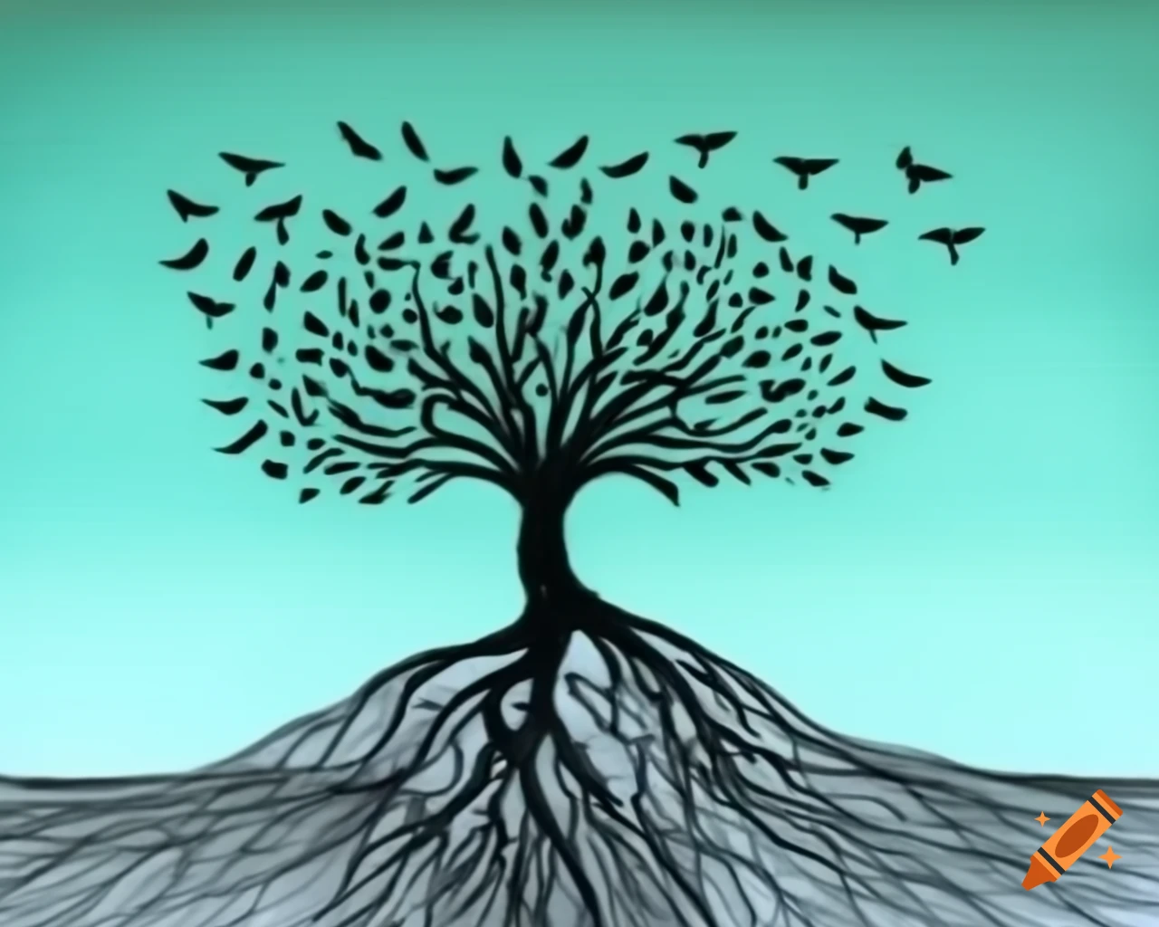 Stylized silhouette of a strong tree with lively leaves in black and ...