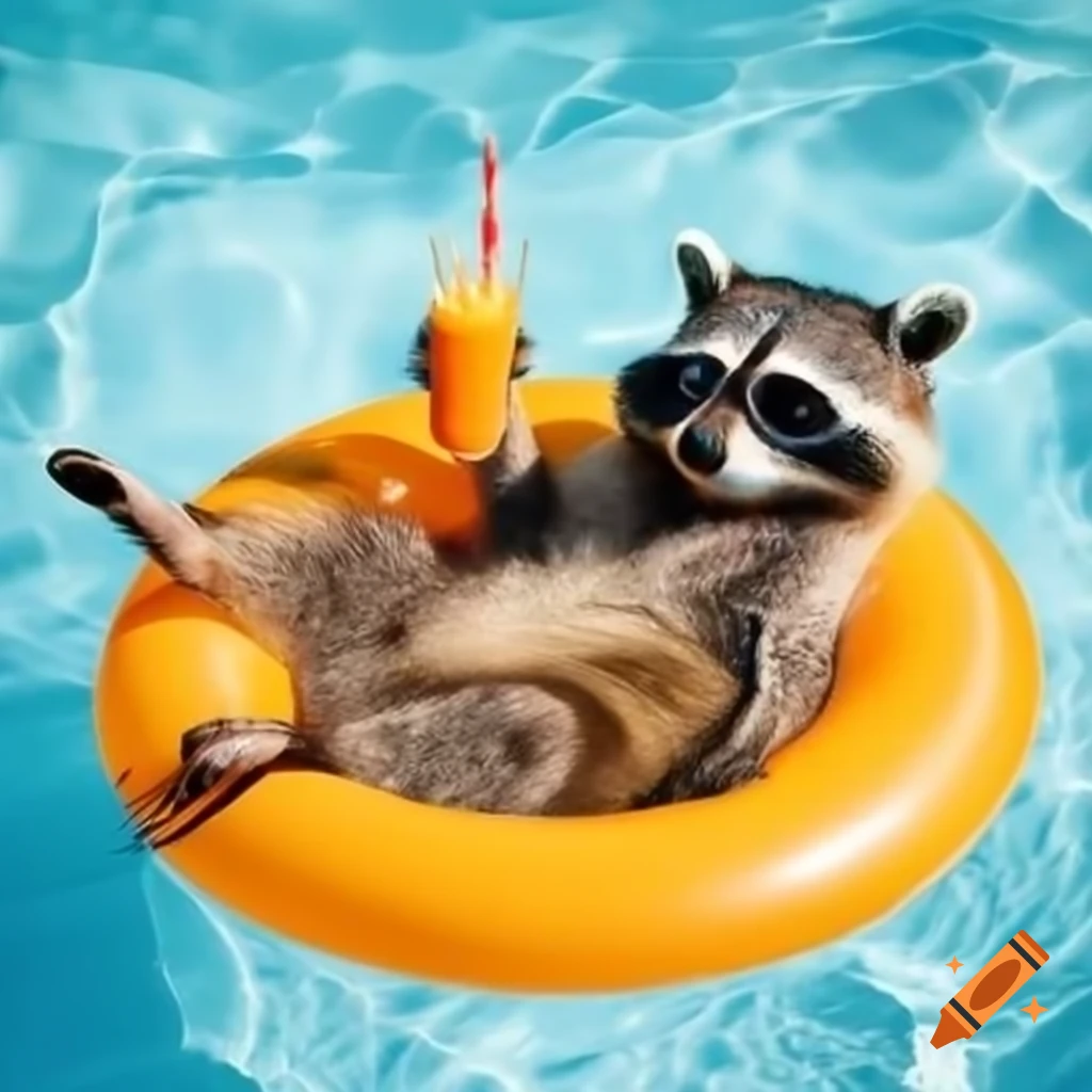 Raccoon with orange juice on inflatable ring in pool wearing sunglasses ...