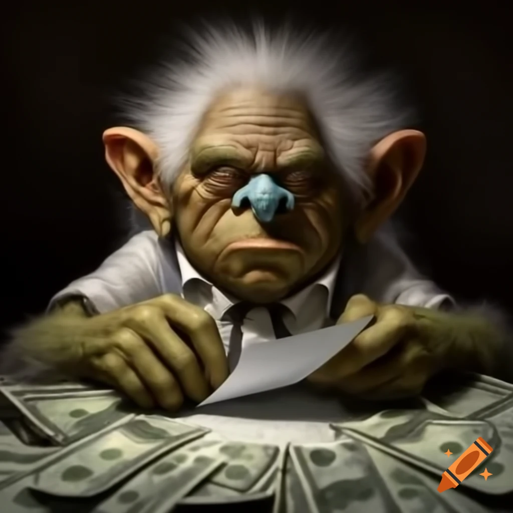 Angry troll holding patent document and money on Craiyon