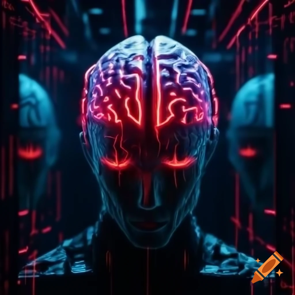 Futuristic AI brain with neon circuits and hooded hacker in binary code ...