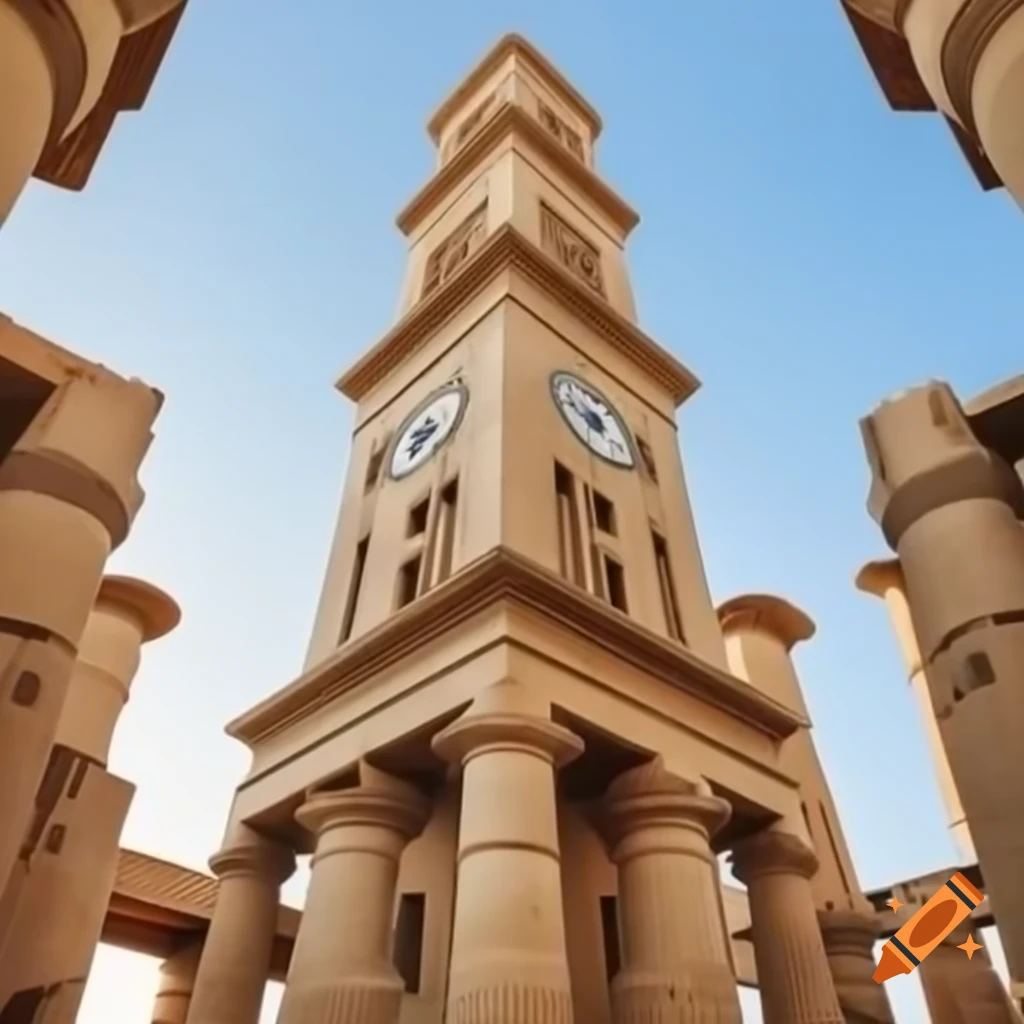 Clock tower designed in Ancient Egyptian style with sandstone ...