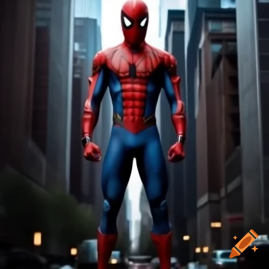 Spider-Man in heroic pose showcasing his muscular physique and iconic suit on Craiyon