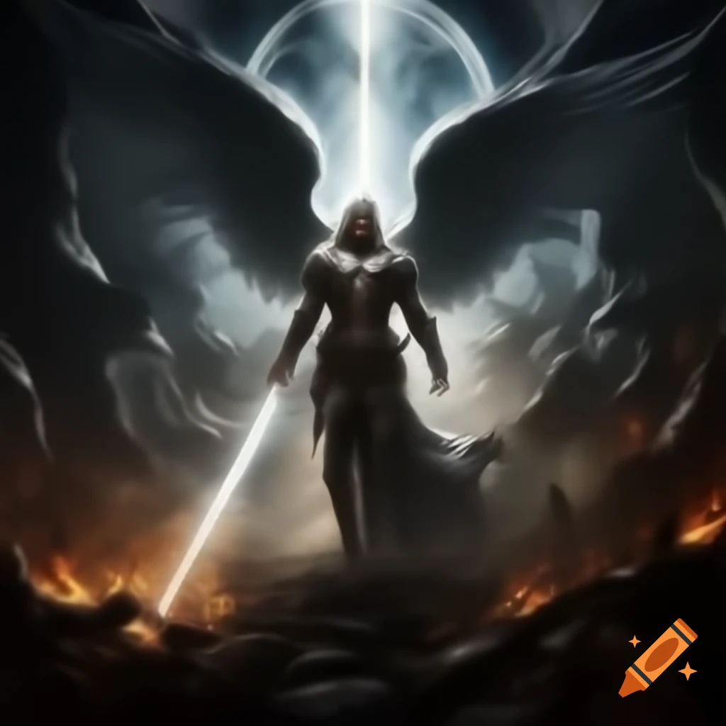 Celestial archangel warrior with blazing wings escaping demons in ...