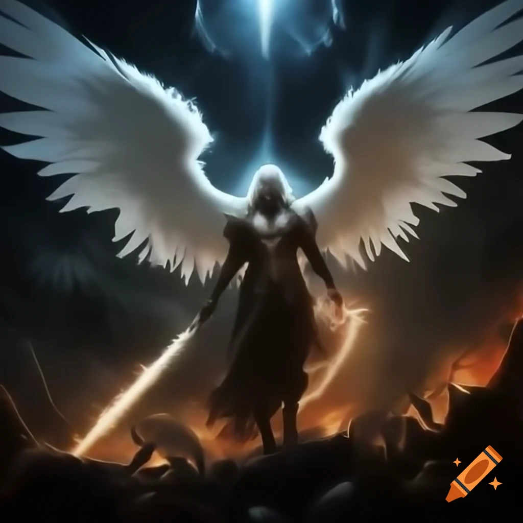 Celestial archangel warrior with blazing wings escaping demons in ...