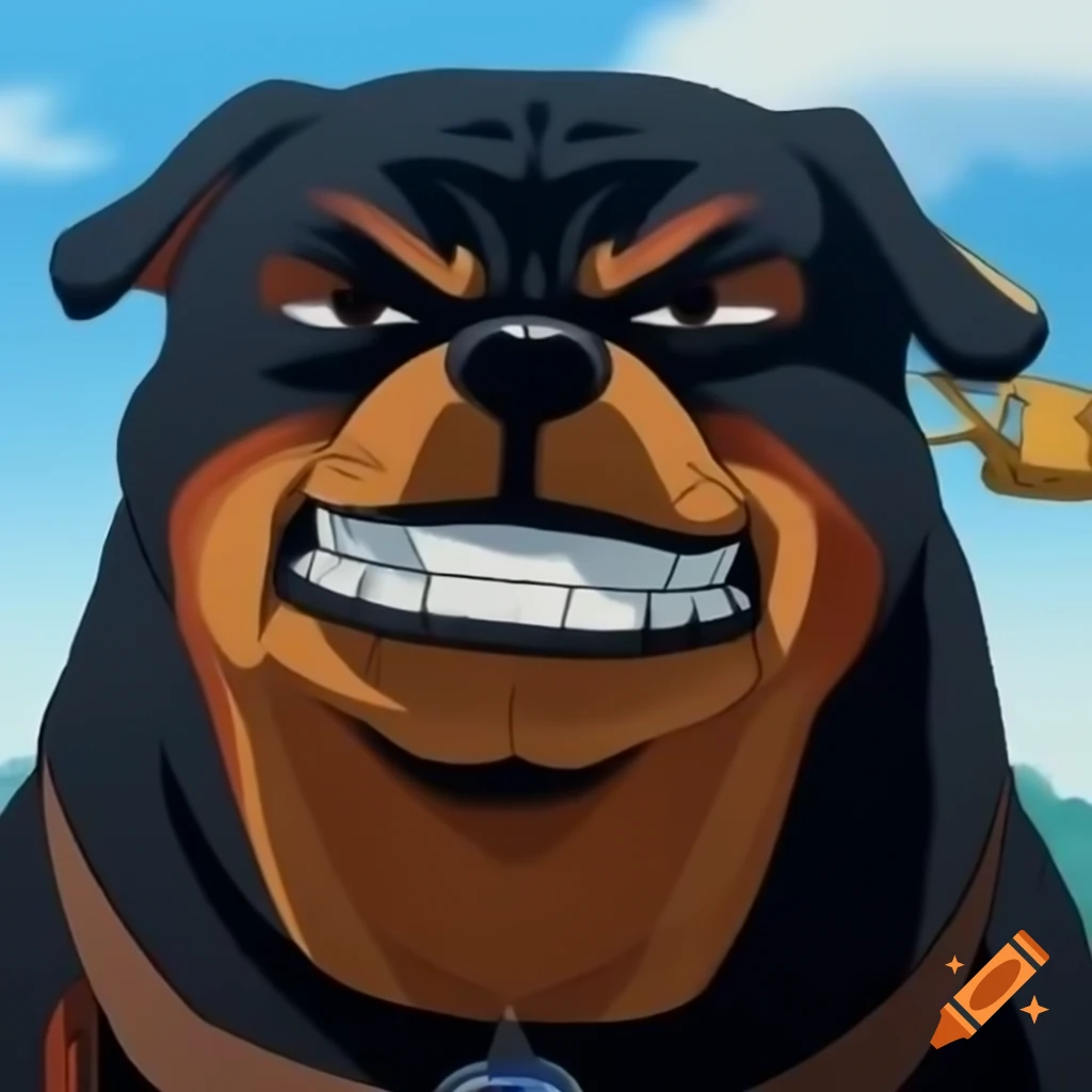 Angry anime-style Rottweiler with a key on its collar on Craiyon