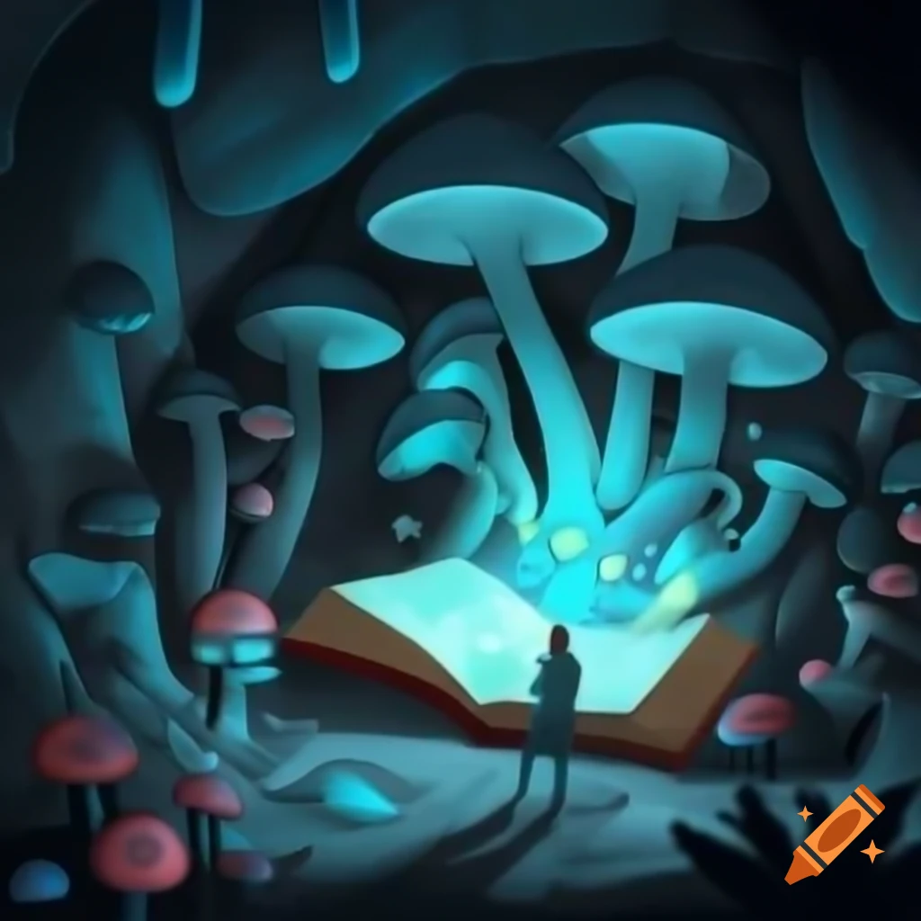 Person discovering giant luminous book in cave with glowing mushrooms ...