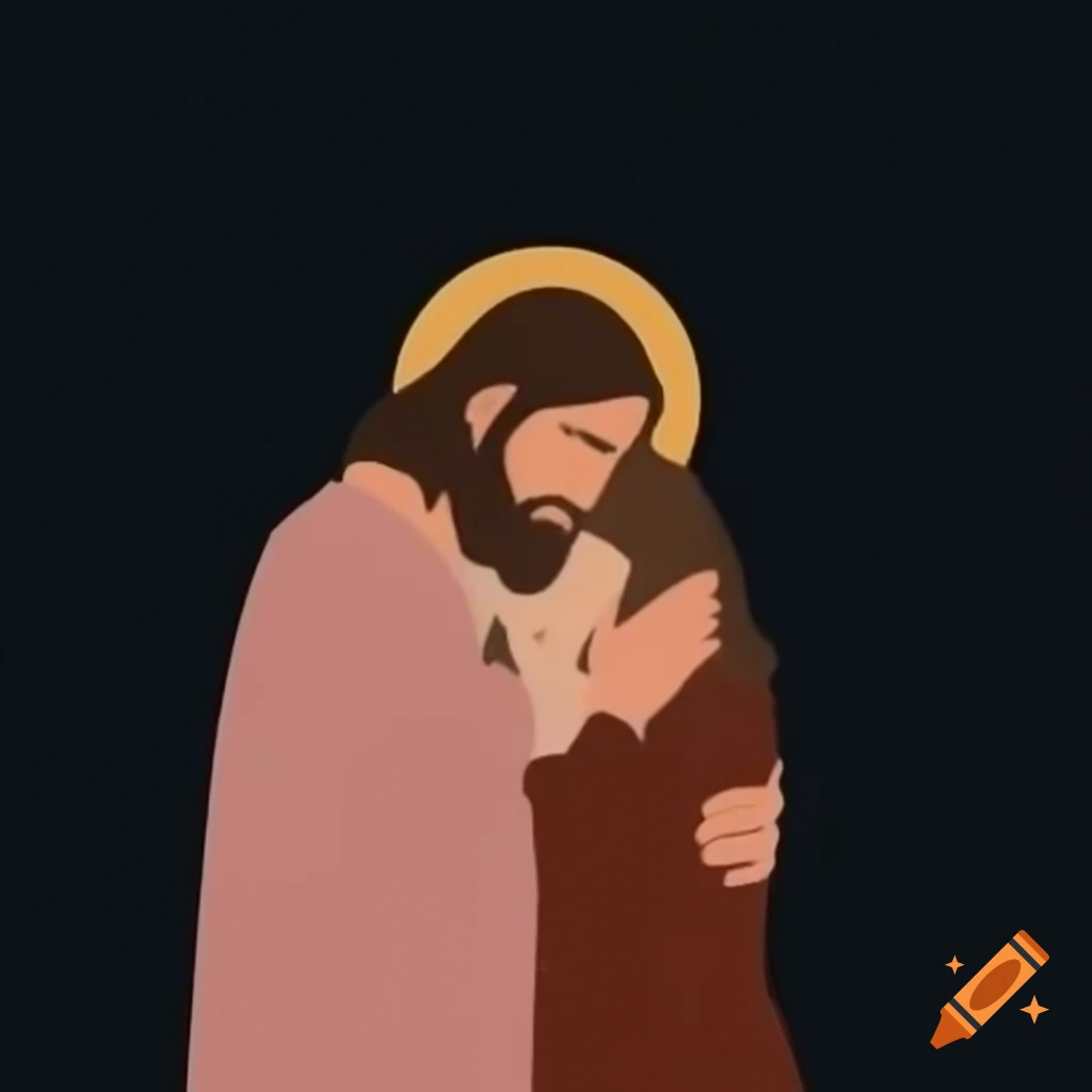Minimalist art of Jesus comforting a crying woman on Craiyon