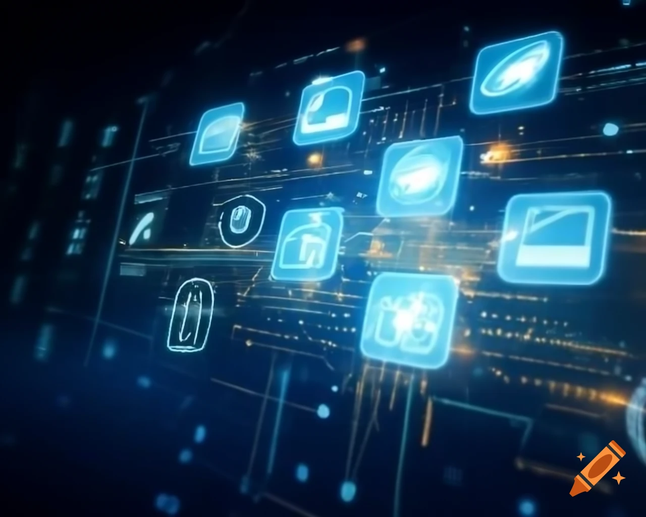 Brush writing transforming into digital codes and glowing symbols ...