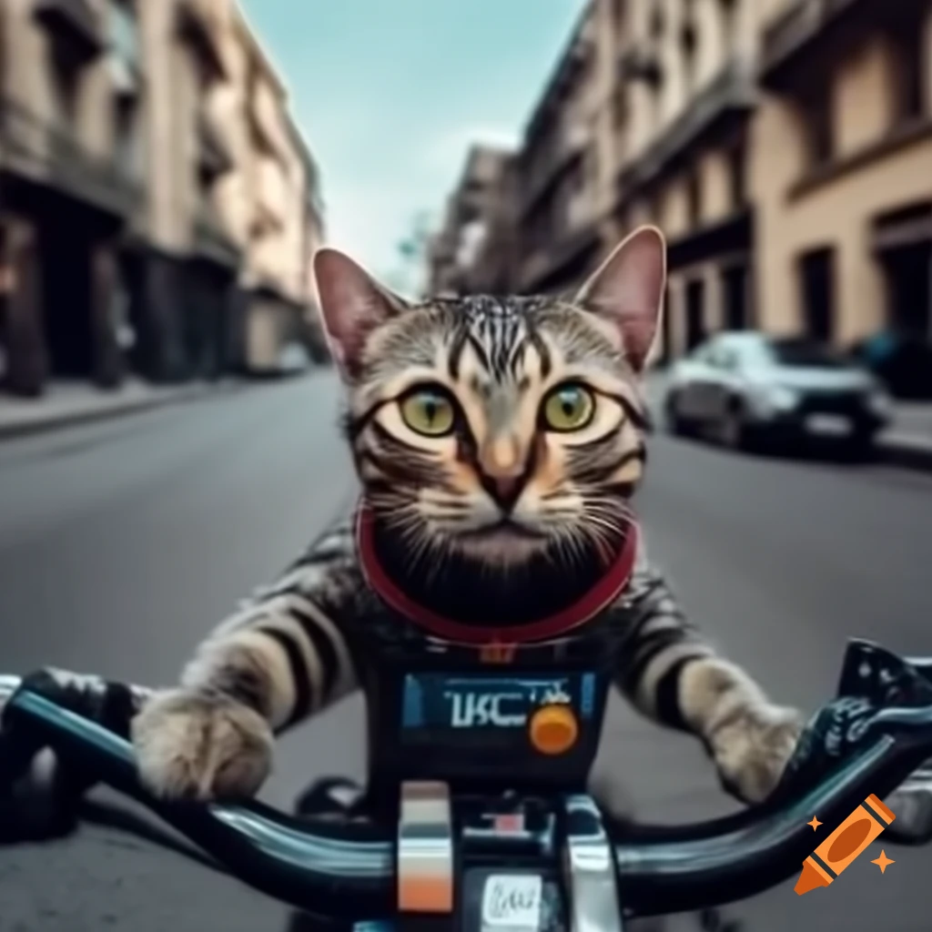 Cat riding a motorcycle on the street on Craiyon
