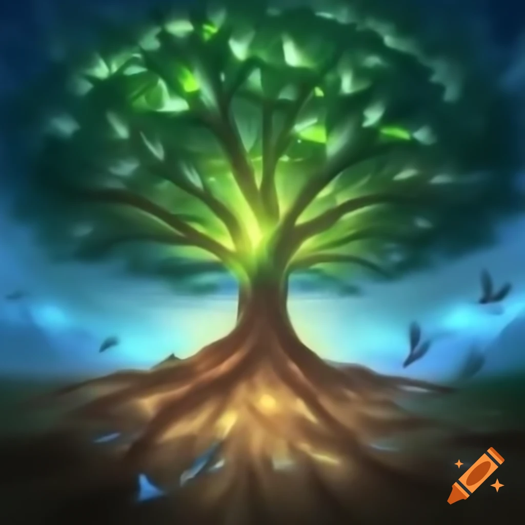 Vibrant tree with glowing roots and wings, colorful birds flying into ...