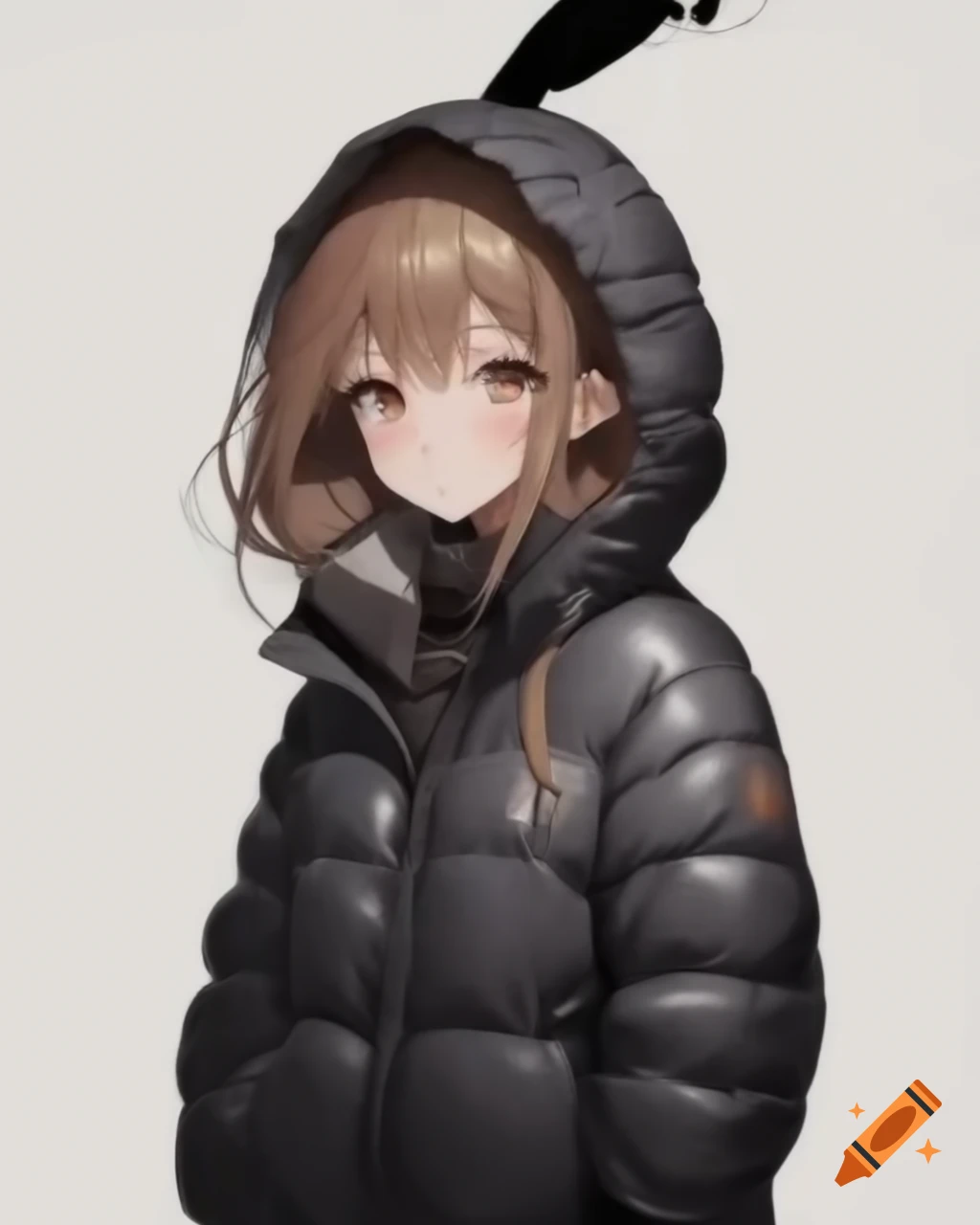 Anime character with light brown hair in black puffer jacket and hood ...