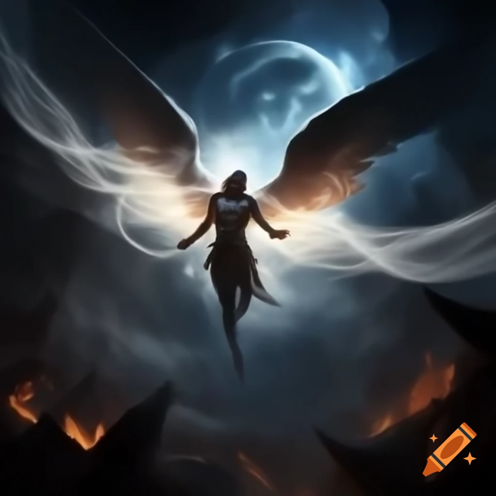 Celestial archangel warrior with blazing wings escaping demons in ...